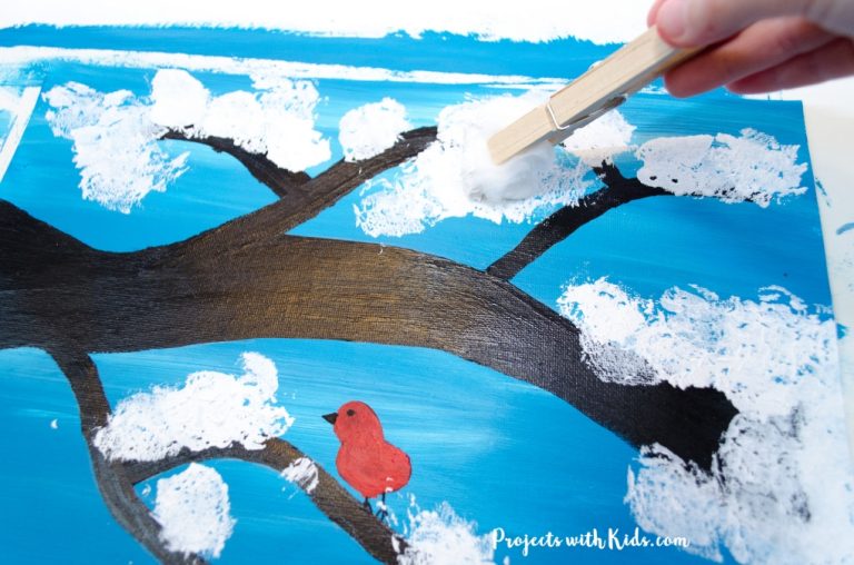 Winter Tree Painting with Cotton Balls - Projects with Kids