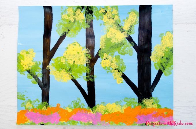 Easy Spring Trees Painting with Bundled Q-Tips - Projects with Kids