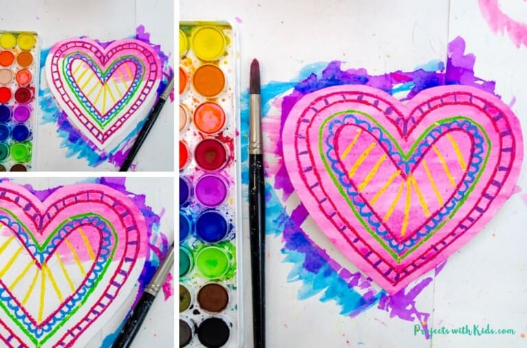 Easy Heart Painting with Watercolors and Oil Pastels - Projects with Kids